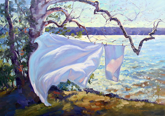 April 24, 2020 White Sheets Drying On A Clothesline Painting. Floral ...
