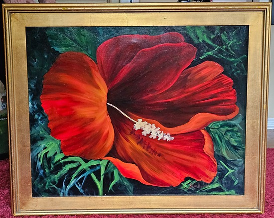 Wendy's Red Hibiscus, large oil painting framed | Barbara Haviland - Blog